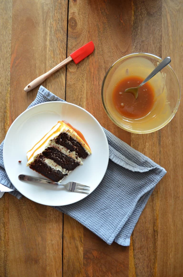 Chocolate Layer Cake with Vanilla Frosting and Salted Caramel Drizzle ...