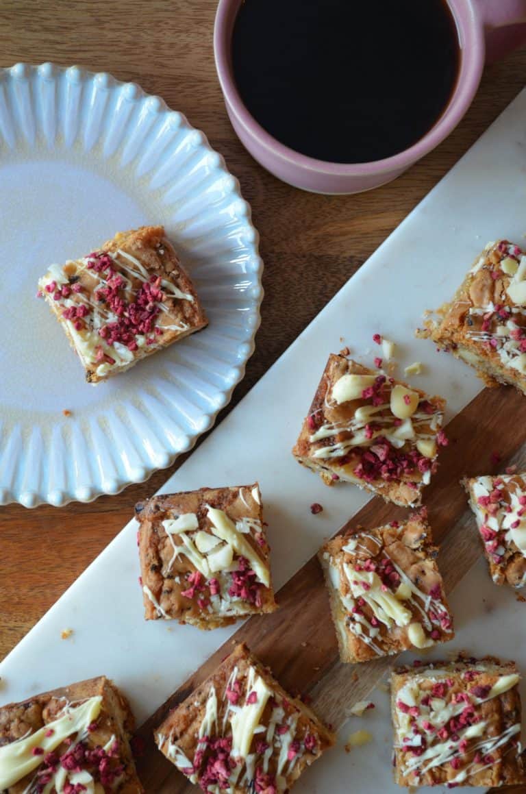 White Chocolate, Raspberry & Macadamia Nut Blondies - Baking with Aimee.