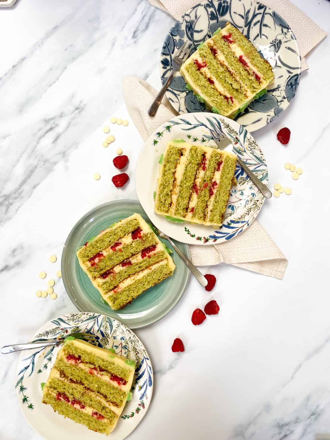 Raspberry, Pistachio and White Chocolate Cake - Baking with Aimee.