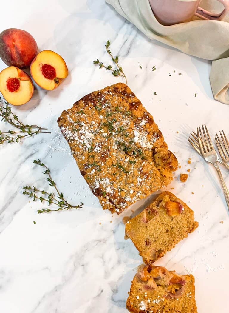 Peach Cobbler Loaf Cake - Baking with Aimee.
