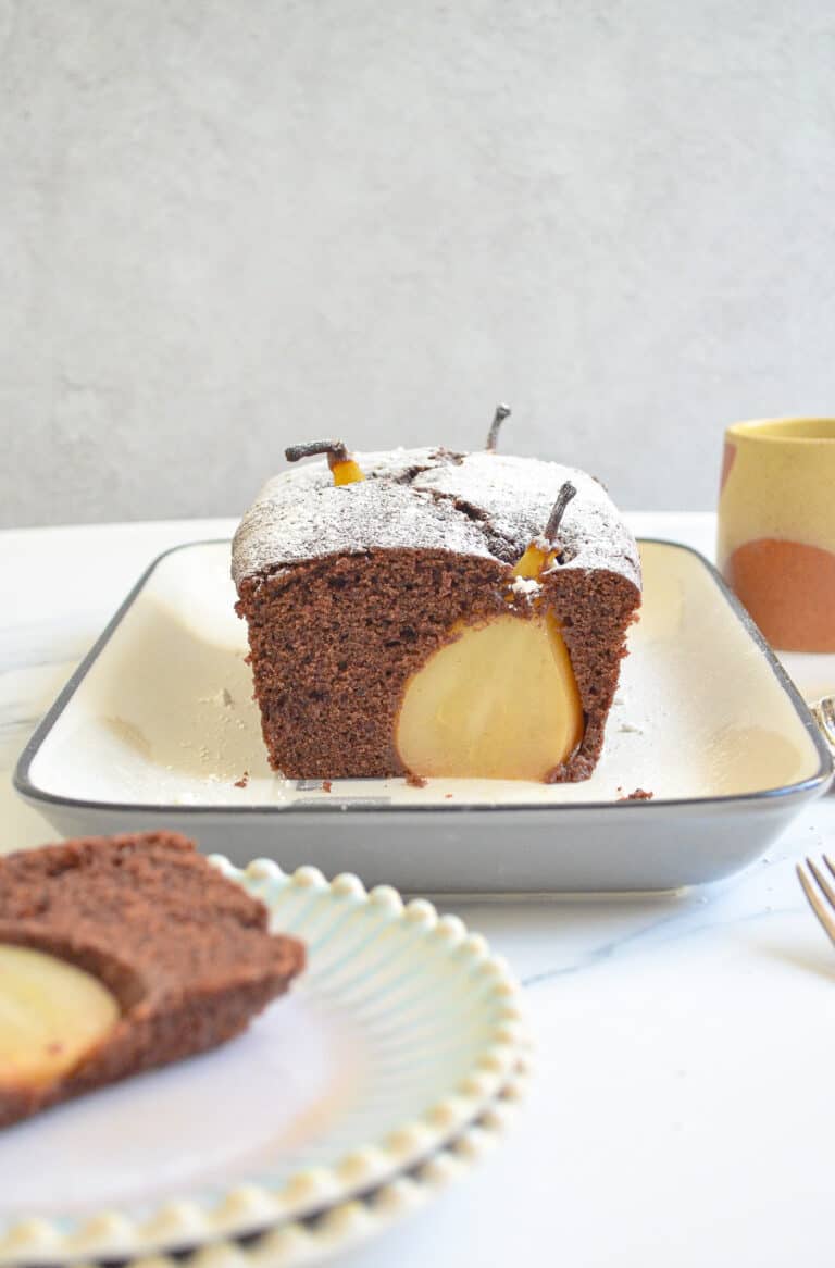 Pear, Cardamom & Chocolate Loaf Cake - Baking with Aimee.